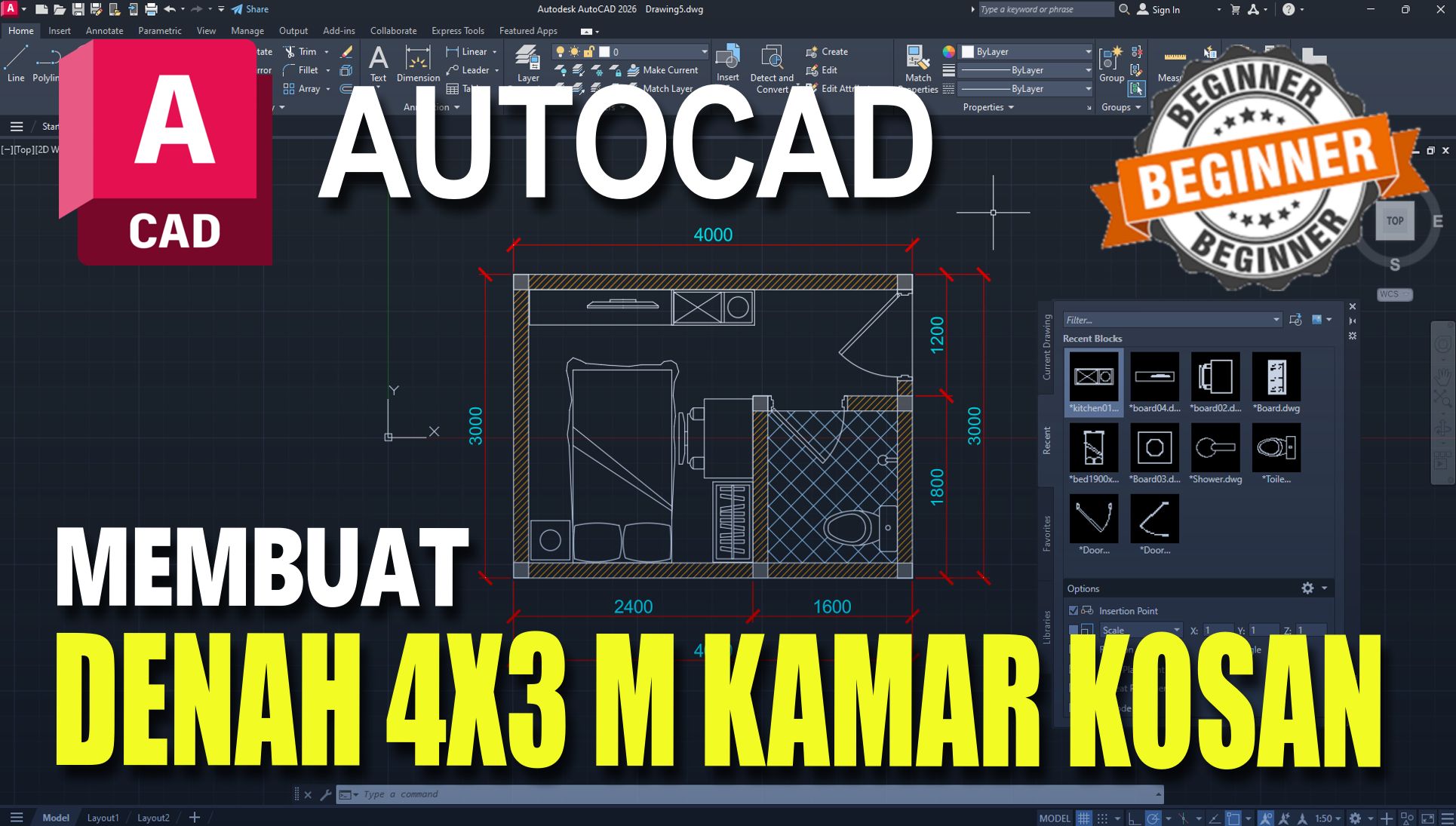 AutoCAD Block Denah Kosan Ukuran 4×3 Meter – Ruang CAD